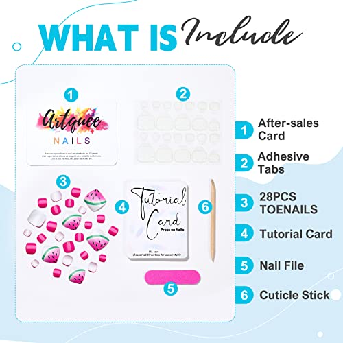 Artquee 28pcs Hot Pink Press on Toenails Short with Watermelon Design Fake Toes Nails Square Glossy Full Cover False Toe Nails Kit for Women in 14 Sizes