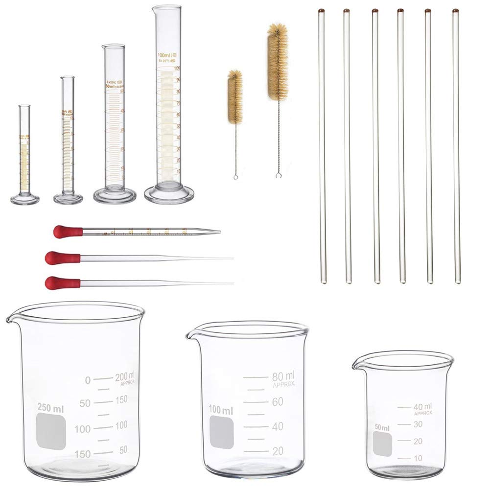 Glass Measuring Low Form Beaker Set 50ml 100ml 250ml Thick Glass Graduated Measuring Cylinder Set 5ml 10ml 50ml 100ml Glass Stirring Rod 12" Long