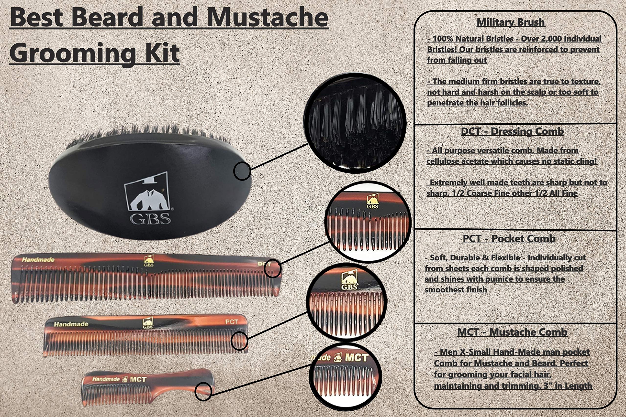G.B.S Men’s Handmade Comb Set, Pure Synthetic Hair Brush, Dressing Comb, Pocket Comb, Mustache Comb and Military Style Hair Brush
