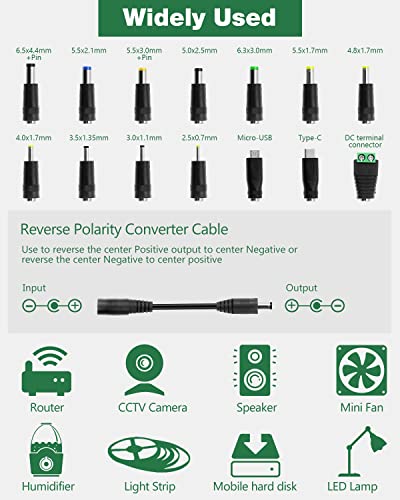 JOVNO Universal Power Supply 3V-24V 3A 72W Adjustable AC/DC Adapter 100~240V AC to DC 5V 9V 12V 15V 19V 20V with LED Display 14 Plugs 1 Reverse Polarity Converter Cable for LED Strips Motors Speaks