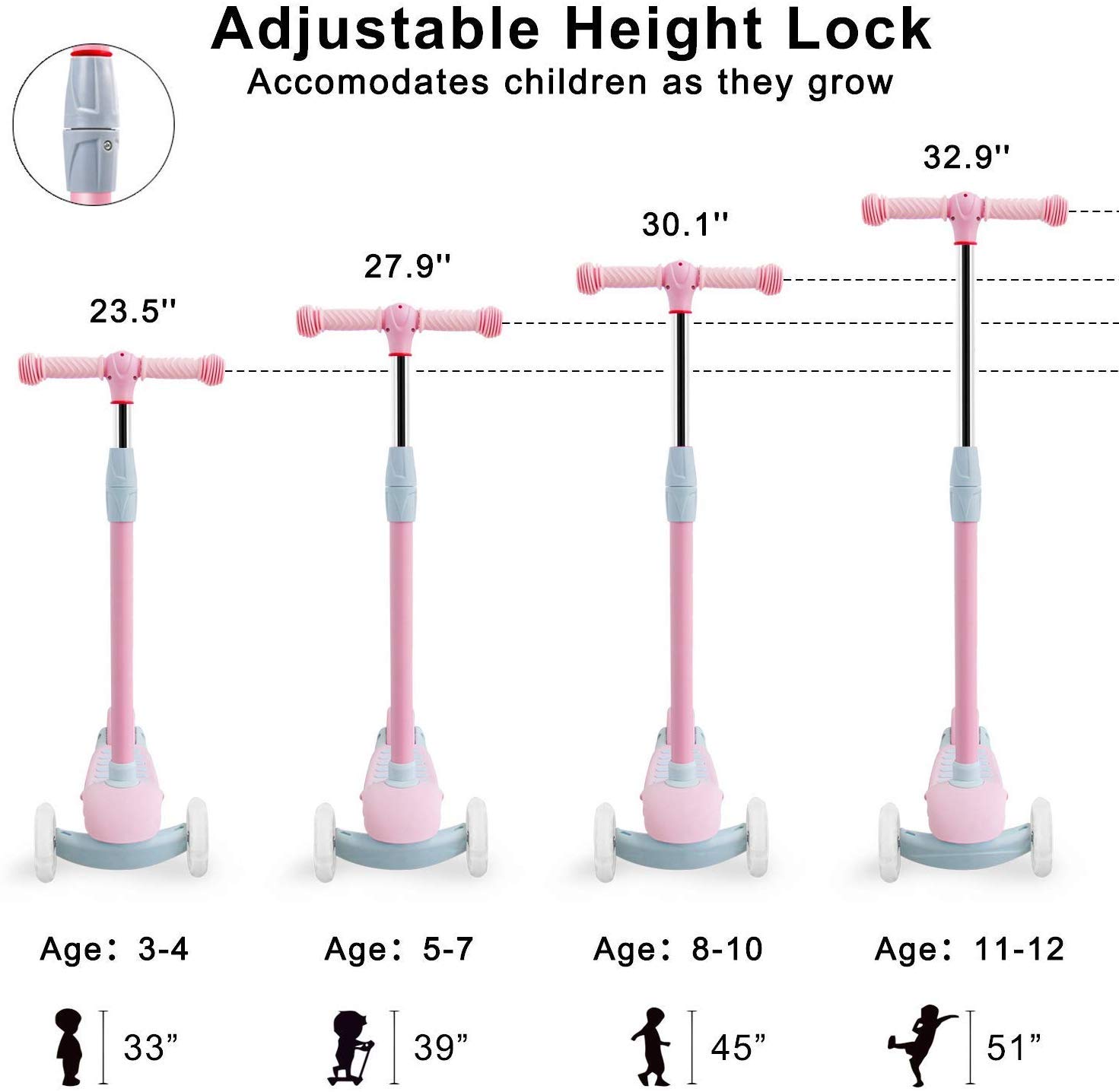 67i Scooters for Kids 2+ Year Old, Kids Scooter 3 Wheel, Toddler Scooter with Lean-to-Steer System and 4 Height-Adjustable Handlebar (Pink)