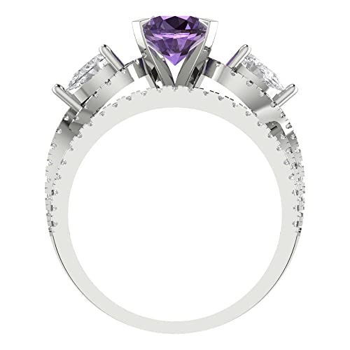 2.1 ct Round Pear Cut Custom Engraving 3 stone Alexandrite Designer Statement Classic Ring Band Set 18K White Gold Size 9.5