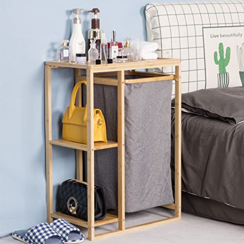 Bamboo Laundry Hamper with Compartments - Laundry Room Bamboo Storage Rack with Fabric Clothes Basket -Wooden Bamboo Laundry Organizer