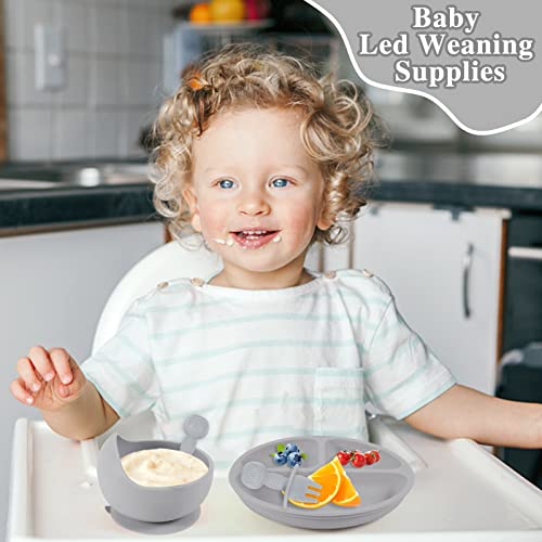 6 Pack Silicone Baby Feeding Set Baby Led Weaning Supplies with Suction Bowl Divided Plates Bib Tiny Cup Baby Dishes with Spoon Fork, Toddler Infant Self Feeding Eating Utensils Set(Gray)