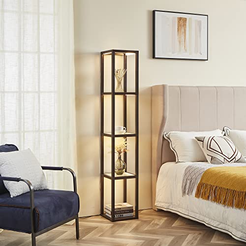 FENLO Fantasy 66" Luxury Glass Display Shelf with Dimmable LED Floor Lamps, Sturdy Glass Shelves for Bedroom, Curio Cabinet with Glass Bookshelf Display Case, Floor Lamp with Shelves - Brown