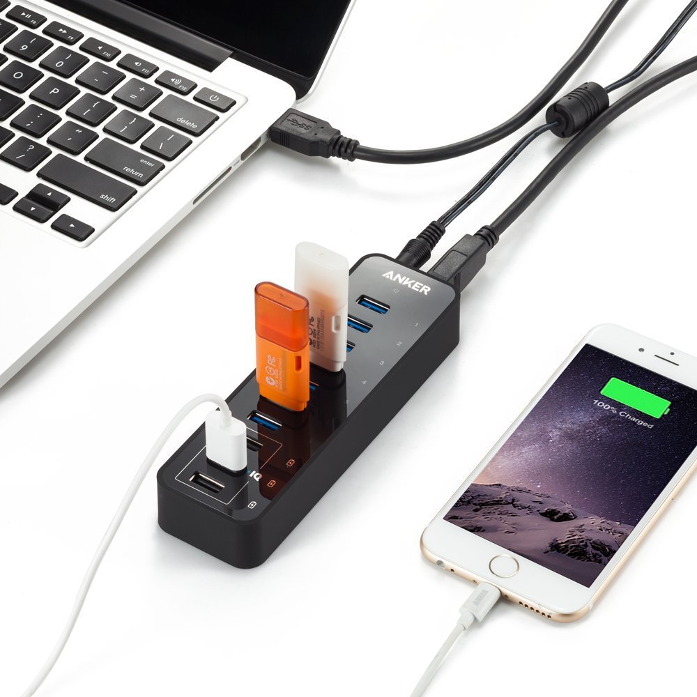 Anker 10 Port 60W Data Hub with 7 USB 3.0 Ports and 3 PowerIQ Charging Ports for MacBook, Mac Pro/Mini, iMac, XPS, Surface Pro, iPhone 7, 6s Plus, iPad Air 2, Galaxy Series, Mobile HDD, and More