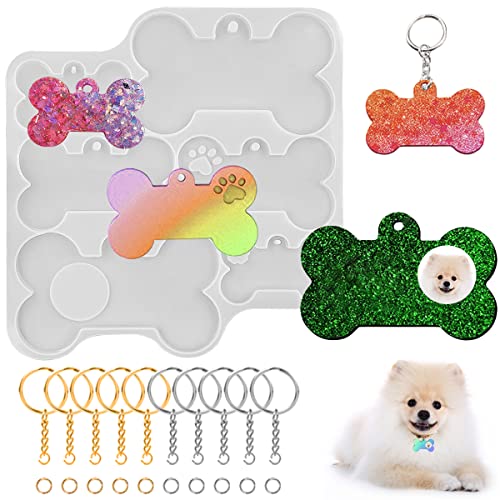 6 PCS Pet Tag Resin Molds, AFUNTA Dog Bone Shaped Tag Silicone Molds Photo Memorial Resin Molds Silicone with 10 Key Rings, for DIY Keychain Pet Tag Pendant Craft