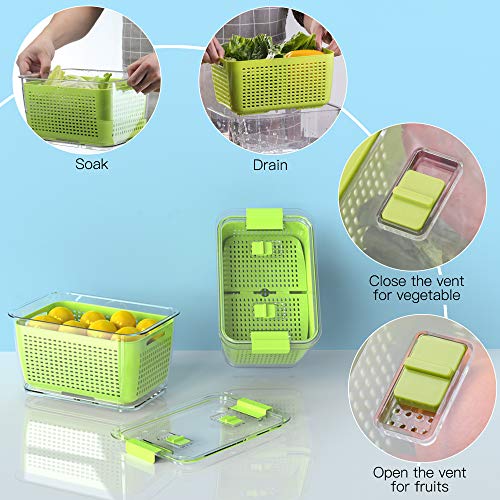 LUXEAR Fresh Container, 3PACK Produce Saver Container BPA Free Fridge Organizer for Vegetable Fruit and Salad Partitioned Food Storage Container with Vents Stay Fresh Containers Not Dishwashers Safe