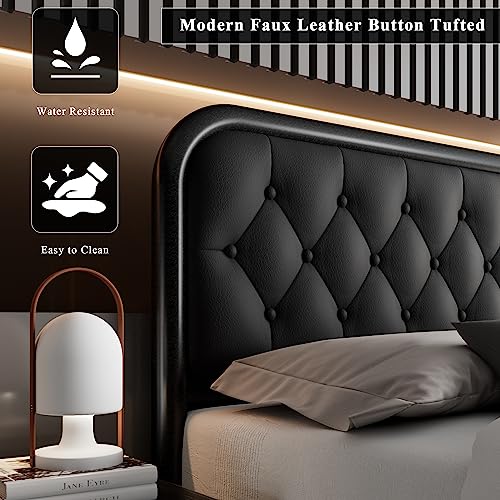 Feonase King Bed Frame with Rhombus Button Tufted, Oval-Shaped Metal Platform Bed with Faux Leather Headboard, Strong Slats Support, 12" Under-Bed Storage, Noise-Free, Easy Assembly, Black