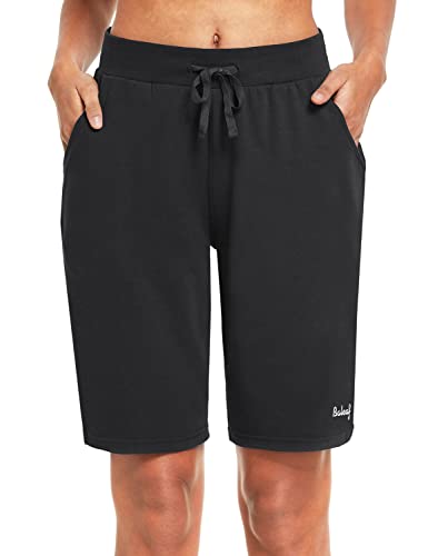 BALEAF Womens Exercise,Basketball,Fitness,Jogging,Walking,Running,Workout,Gym,Yoga Sweat Shorts Long Cotton Bermuda Summer Casual Drawstring Shorts with Pockets, Medium, Black