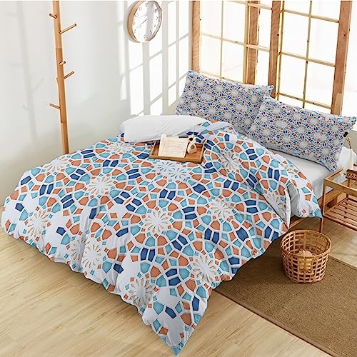 Abstract Geometric 3 Pieces Full Bedding Duvet Covers Set Colored Block Geometry Round Soft Quilt Cover and Pillow Shams,Lightweight Comforter Cover Sets for Bedroom Decor Aesthetic