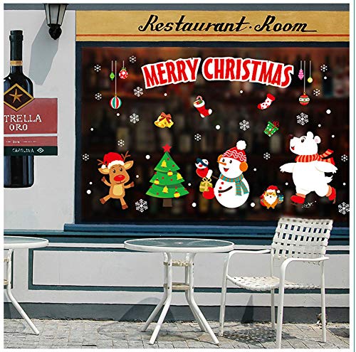 YULOONG Christmas Windows Static Stickers Colorful Clings Removable Vinyl Santa Claus Christmas Tree Snowman Snowflake Deer DIY Wall Window Door Mural Showcase Decal Sticker