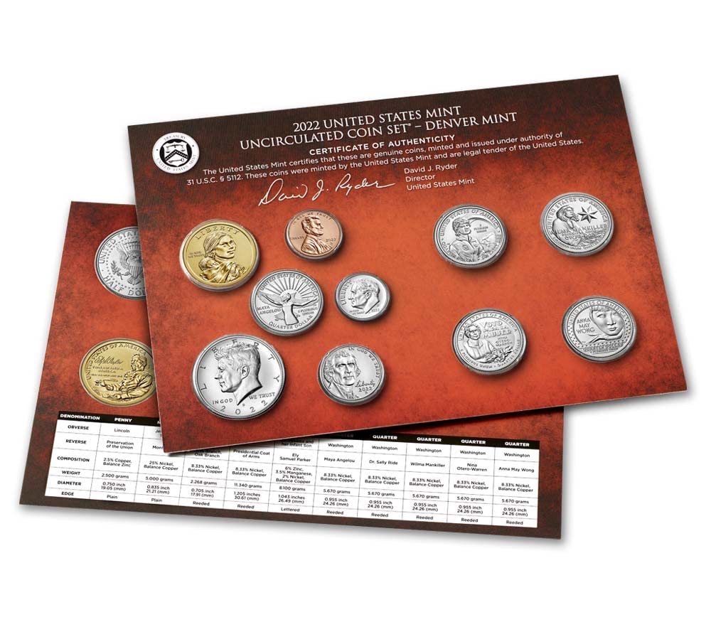 2022 P, D U.S. Mint Uncirculated 20 Coin Mint Set in Gold Gift Bag Uncirculated