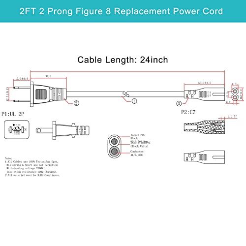 2FT Replacement 2 Prong AC Power Cable - 18 AWG 2 Slot Non-Polarization Figure 8 Power Cord Compatible with Xbox Series X/S, Xbox One S/ X PS4 PS3 PS2 Slim Game Console, for Sony Playstation /PSP/PSV