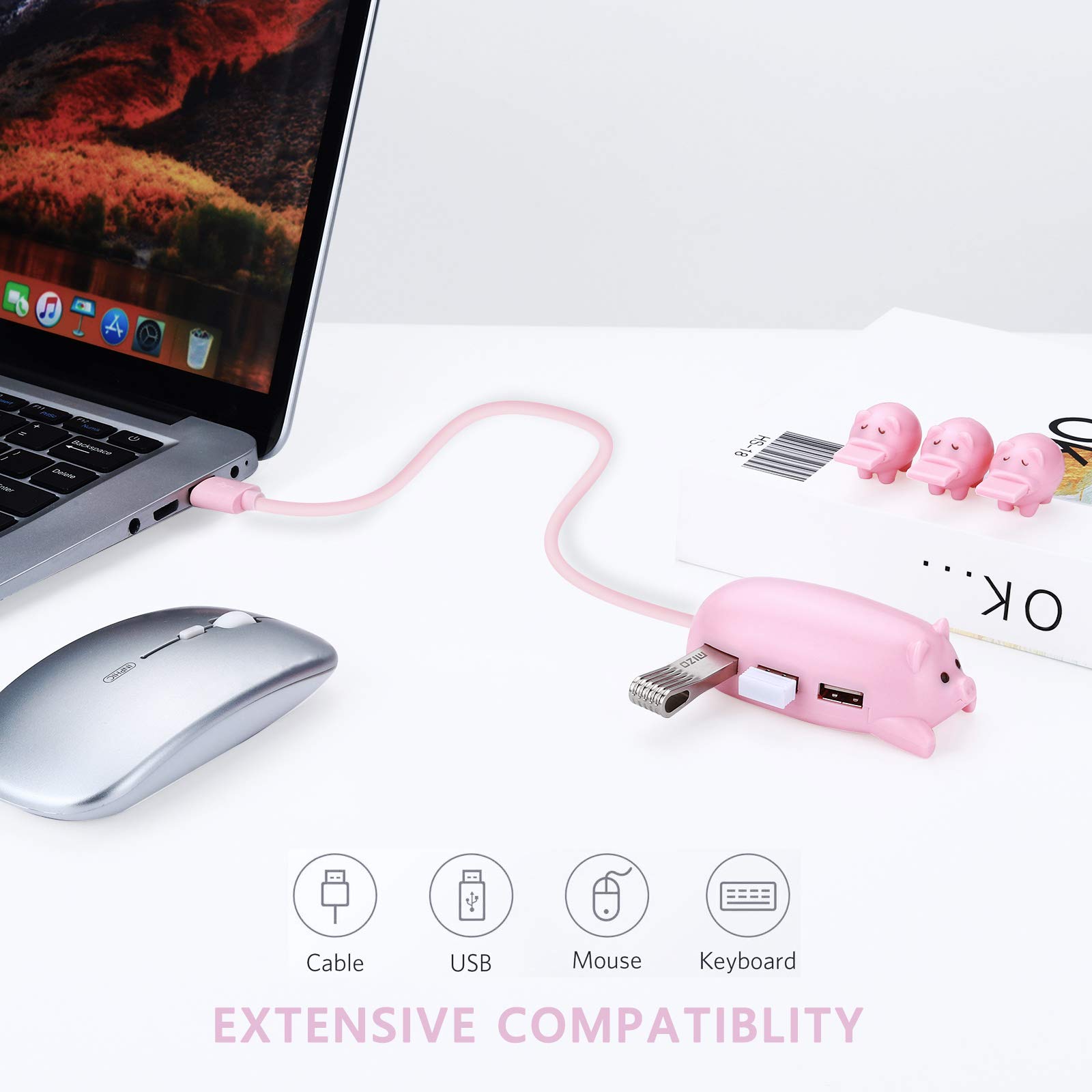 JoyReken Pink Pig USB Hub, 3-Port Cute USB Hub with 3 Piglet Decoration Lids, Perfect Pig Stuff & Gifts for Pig Lovers, USB Splitter for Hard Drives, Mouse, and Keyboard.