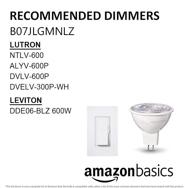 Amazon Basics MR16 LED Light Bulb, 50 Watt Equivalent, Energy Efficient 7W, GU 5.3 Base, Warm White 3000K, Dimmable, 10,000 Hour Lifetime, 12V Low Voltage, 6-Pack