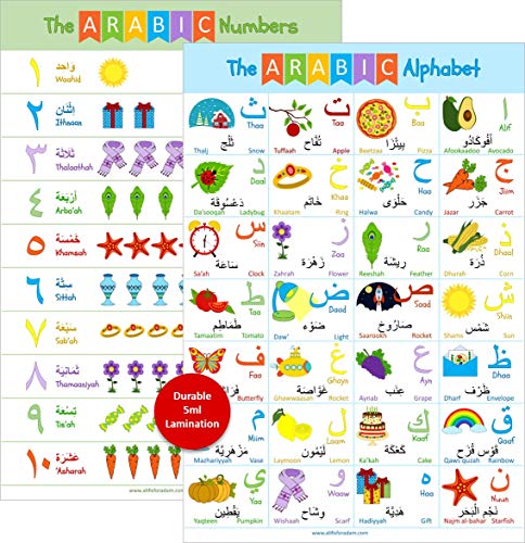 Akross Kultures Laminated Arabic Alphabet Poster - With Numbers - for Kids - Classrooms - Set of Two - 13" x 19" - Alif to Yaa Illustrations