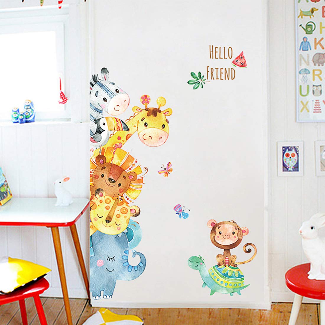 Cute Cartoon Animal Door Sticker Giraffe Elephant Wall Decals for Kids Rooms Bedroom Wardrobe Door Nursery Decoration