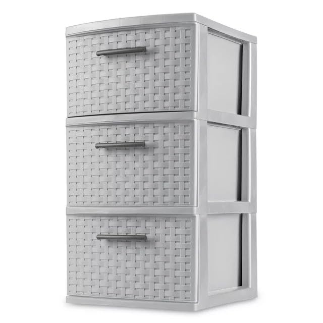3 Drawer Weave Storage Tower Set of 2, Plastic Decorative Drawers to Organize Clothes in Bedroom with Gray Drawers