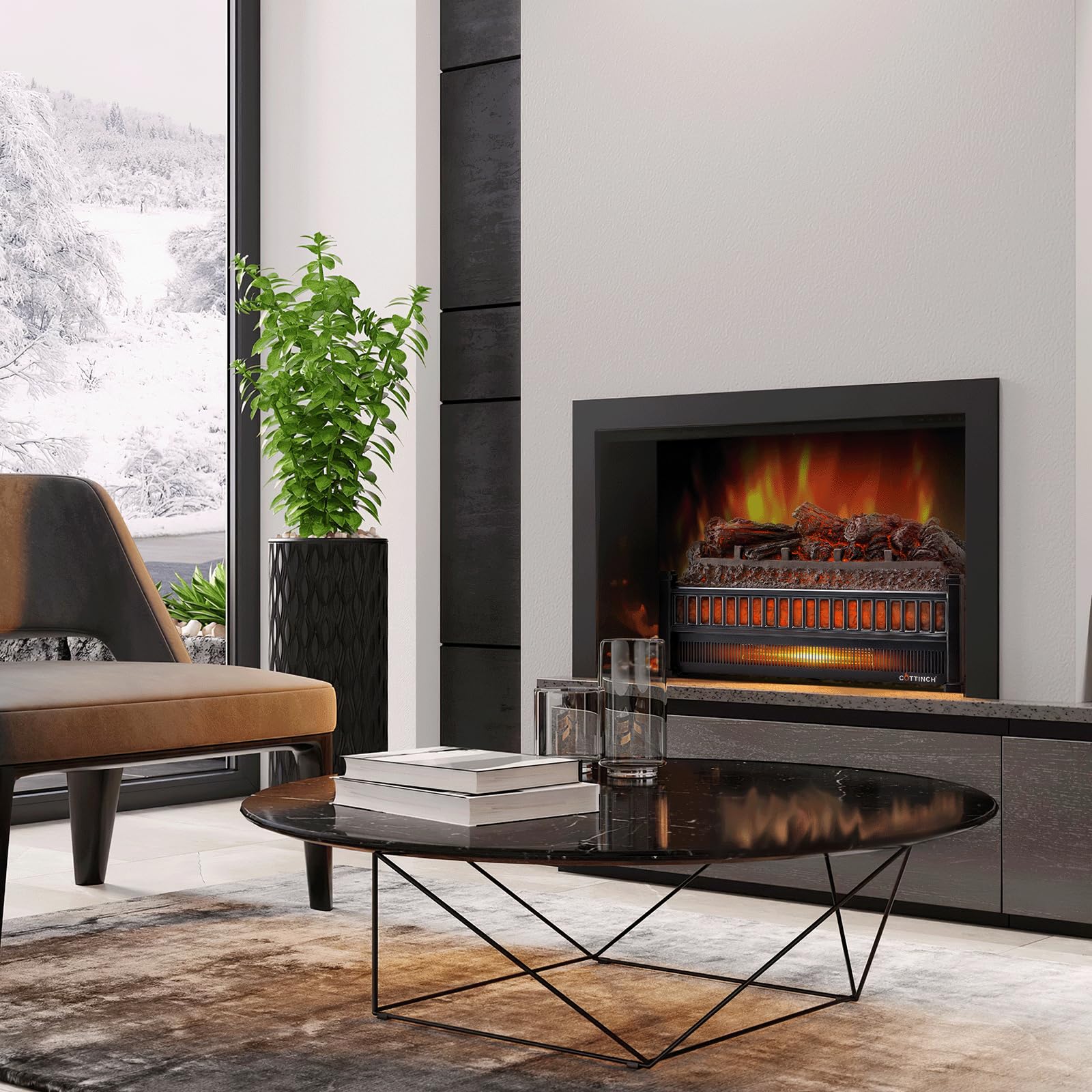 23 inch Electric Fireplace Heater Portable for Indoor, Living Room, Large Room, Logs with Lights, 3D Flame Effects, Adjustable Brightness, Timer, Remote Control,1400W