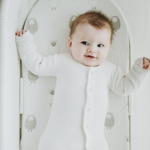Bassinet Fitted Sheets Compatible with Halo, Fisher Price, Delta, Graco – Fits Perfectly on 15 x 33 Inch Oval, Rectangular Mattress Pad – Snuggly Soft Jersey Cotton – Grey Stripes, Lamb – 2 Pack