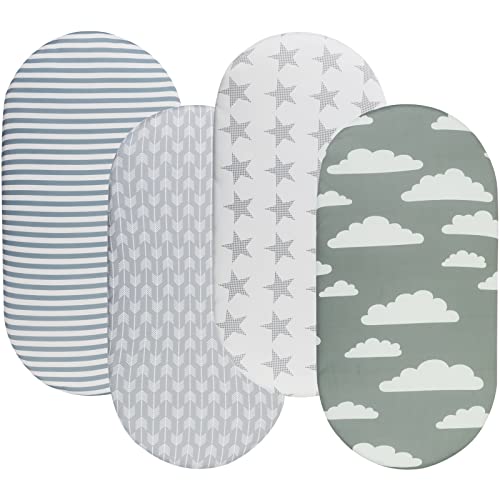 Bassinet Fitted Sheets 4 Pack for Baby Boy and Girl, Stretchy Soft Knitted Sheet Universal for Hourglass Oval and Rectangle Bassinet Mattress, Unisex Stripe Star Cloud and Arrow Printing