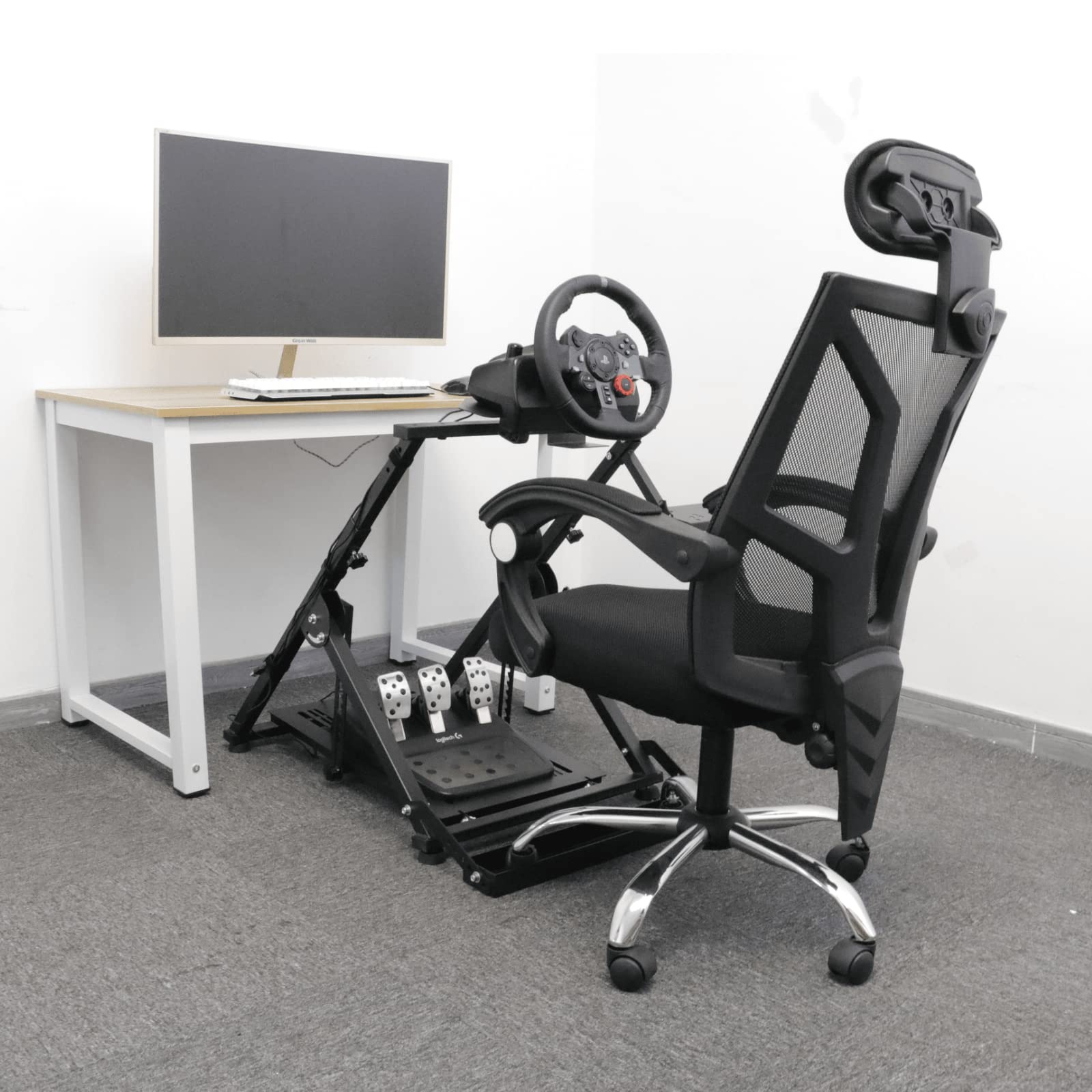 Anman Foldable Sim Racing Wheel Stand with Fixed Slot Fit for Logitech G25 G27 G29 G920 G923 Fanatec Thrustmaster Racing Simulator Tilt Adjustable Steering Wheel Stand,Wheel & Pedal Not Included