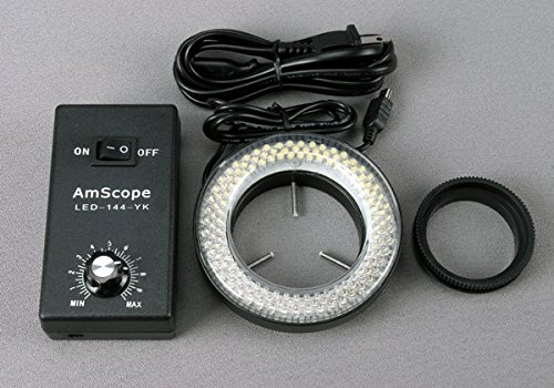 AmScope 7X-45X Simul-Focal Stereo Zoom Microscope on Dual Arm Boom Stand with 144-LED Ring Light and 10MP Camera