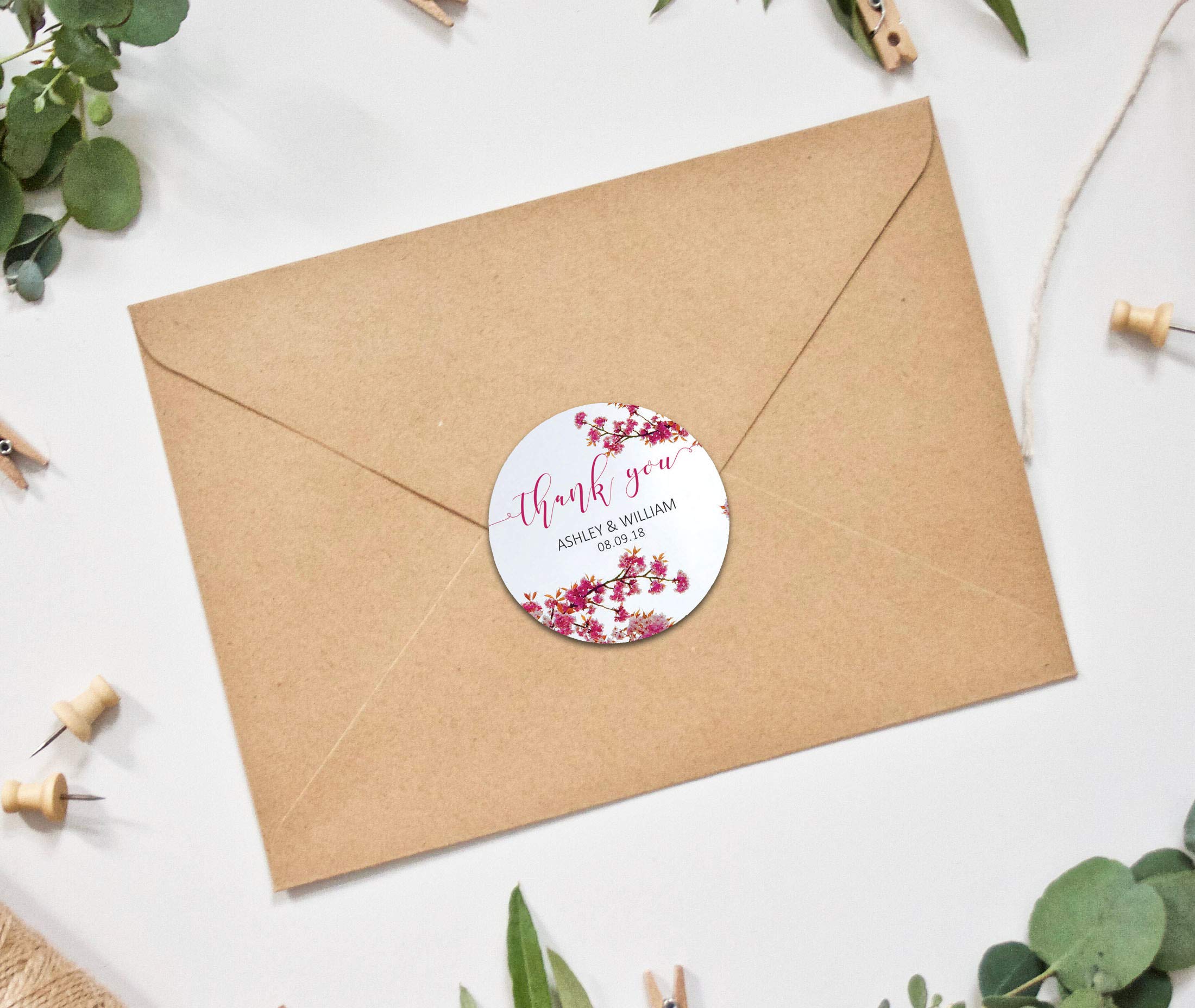 Darling Souvenir Round Cherry Blossom Thank You Stickers Personalized Bride Groom Names and Date Envelope Seals-45 Pcs