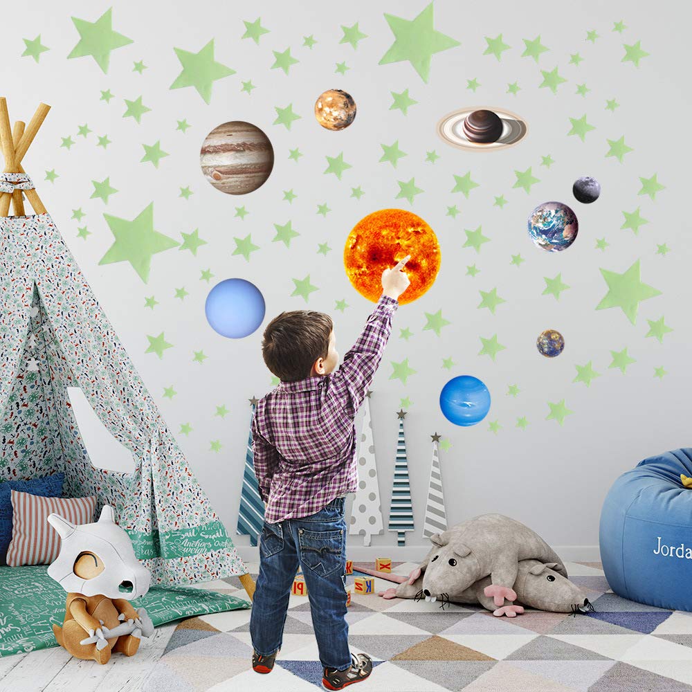 Glow in The Dark Stars and Planets Solar System Wall Decals, 110PCS Glowing Ceiling Spaceship Stars Wall Stickers, Best Gift for Kids Bedding Room Nursery Home Decoration Party Birthday(Small Size)
