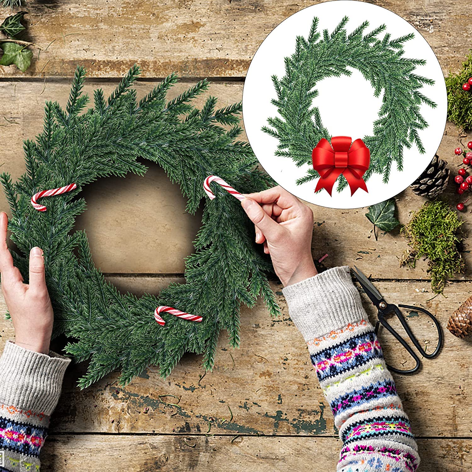 Alpurple 100 Packs Artificial Pine Needles Branches Garland-6.7x2.0 Inch Green Plants Pine Needles-Fake Greenery Pine Picks for Christmas Wedding Party Home Garden Fireplace Décor(100PCS)