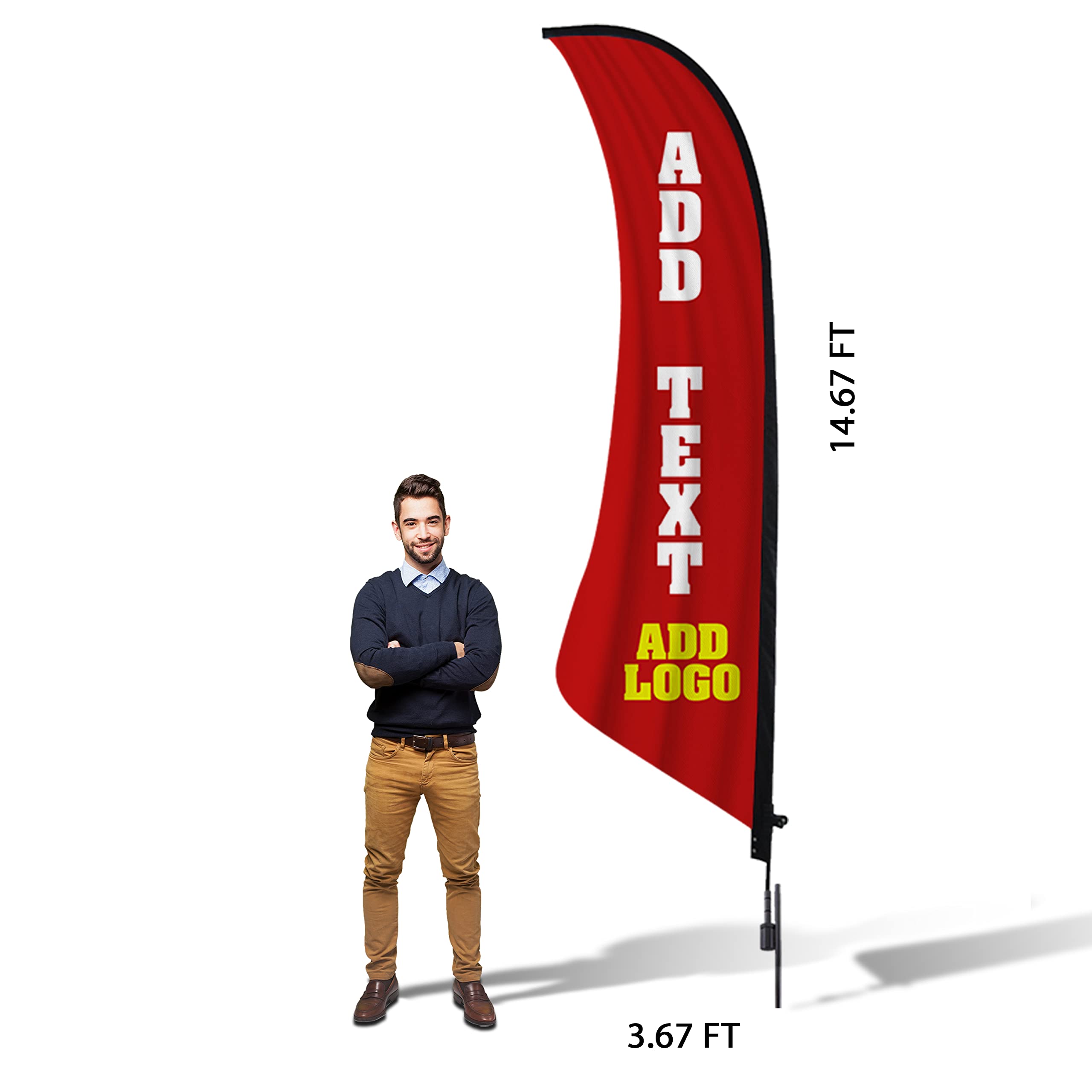 BannerBuzz Custom Shark Fin Flags with Hardware includes Aluminum Flag Pole & Ground Spike Base or Cross Base, Flutter Flag for Promotional Display Advertising, Indoor-Outdoor, Trade Shows (3.67 x 14.67 , Double Sided with Spike Base)
