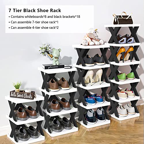 7 Tiers Small Shoe Rack,Narrow Vertical Free Standing Shoe Tower,Space Saving Furniture Shoe Storage Organizer for Corner,Entryway,Door,Hallway,Closet,Bedroom,Stable in Structure and Stackable,Black
