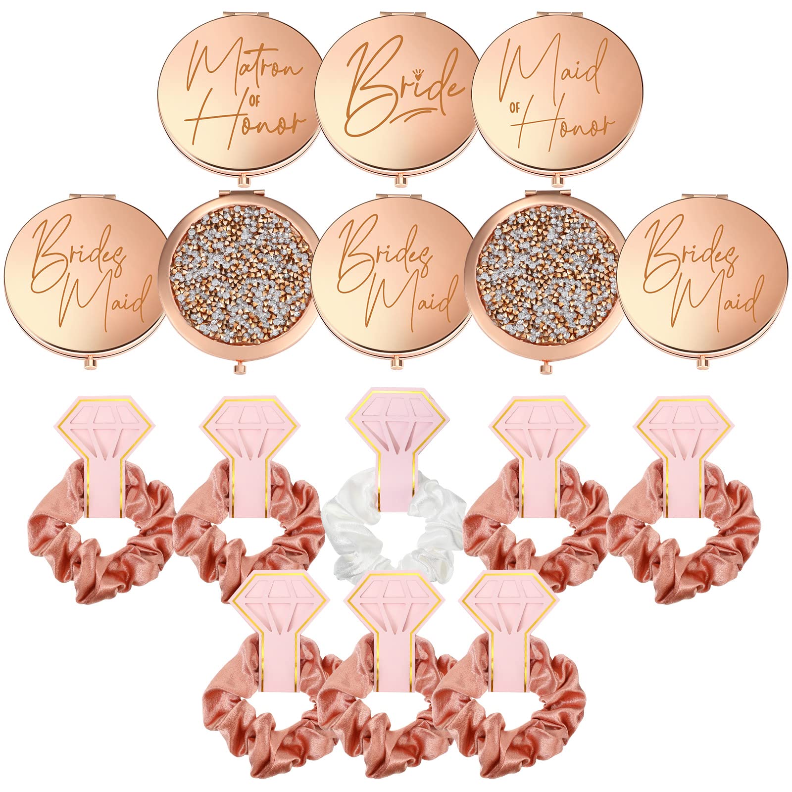 16 Pcs Proposal Gifts Set Compact Pocket Mirrors Bride Maid of Honor Matron of Honor Bridesmaid Diamond Makeup Mirrors with Hair Scrunchies for Wedding Bachelorette Bride Shower Party Bridesmaid Gifts