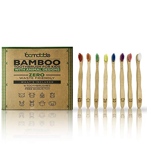 Bamdable Bamboo Wood Toothbrush with Animal Designs | Pack of 8 | Eco-Friendly | Soft Colorful Bristles for Kids