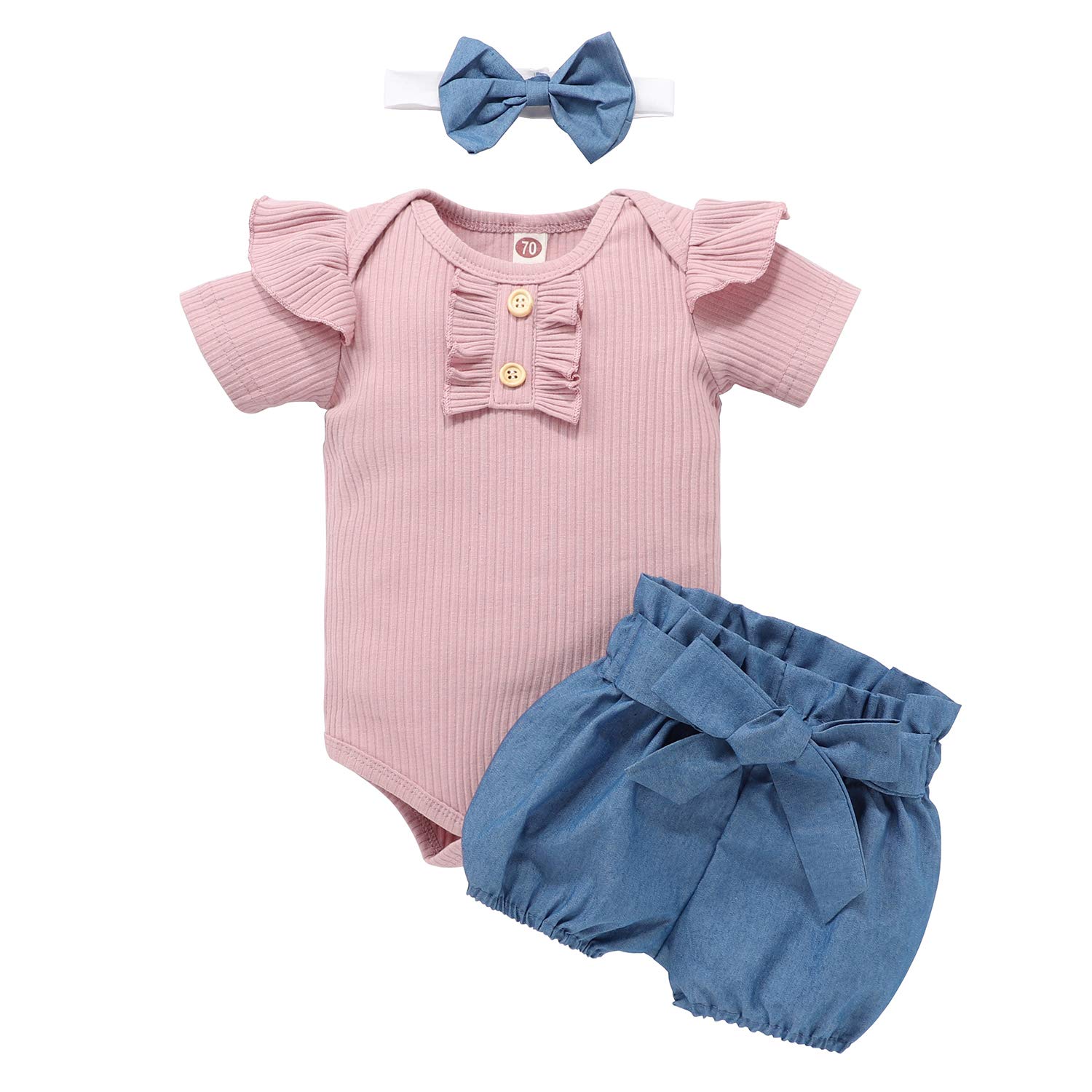 EQSJIU Newborn Baby girl outfits infant rompers 0-3 months summer clothes pants cotton bow headband pants shorts 3pcs set pink blue