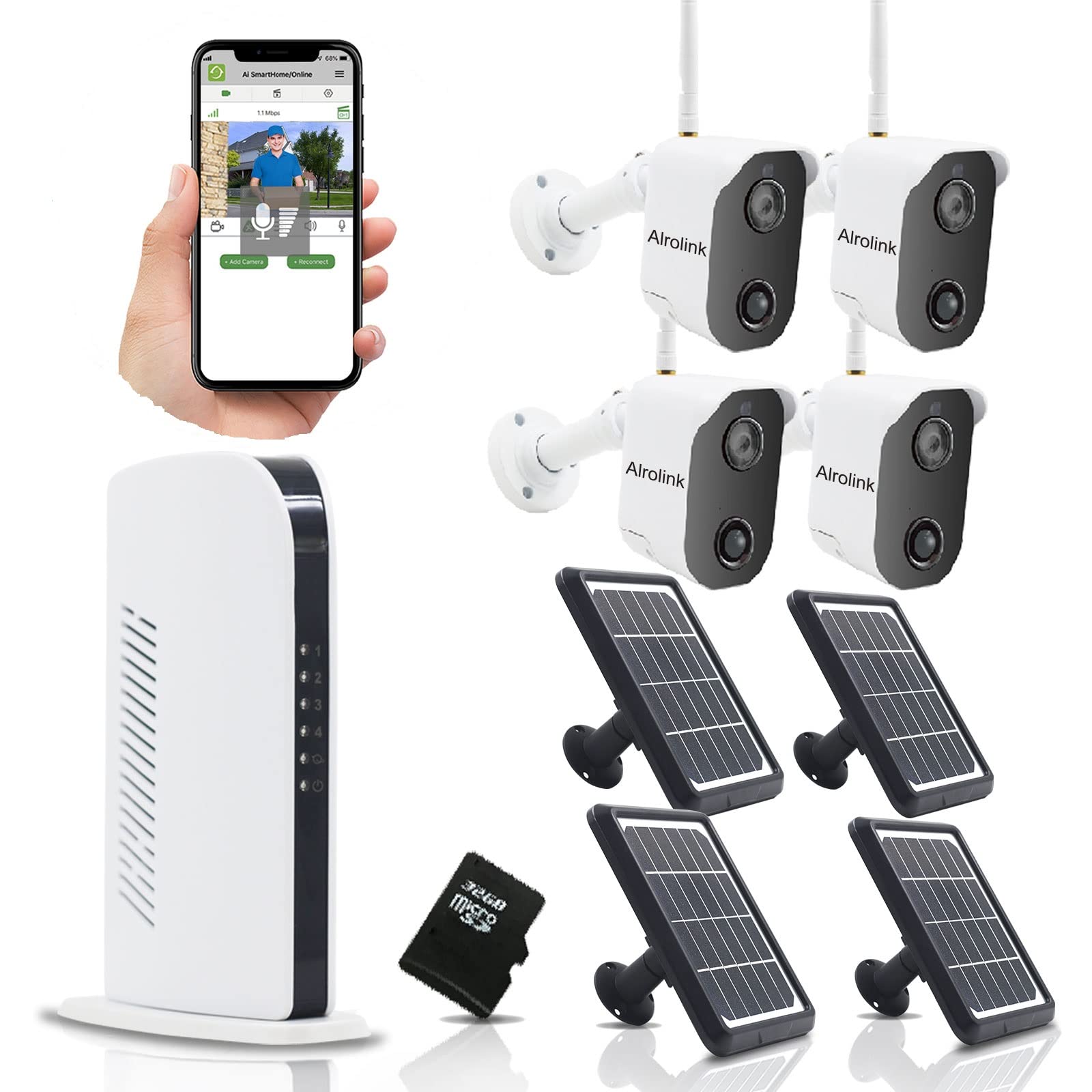 Alrolink 4CH Wireless Solar Security Camera System 1080p, Night Vision, 2-Way Audio, PIR Motion Sensor, Indoor/Outdoor Surveillance with 4 Battery Cameras and Solar Panels, APP Remote Access