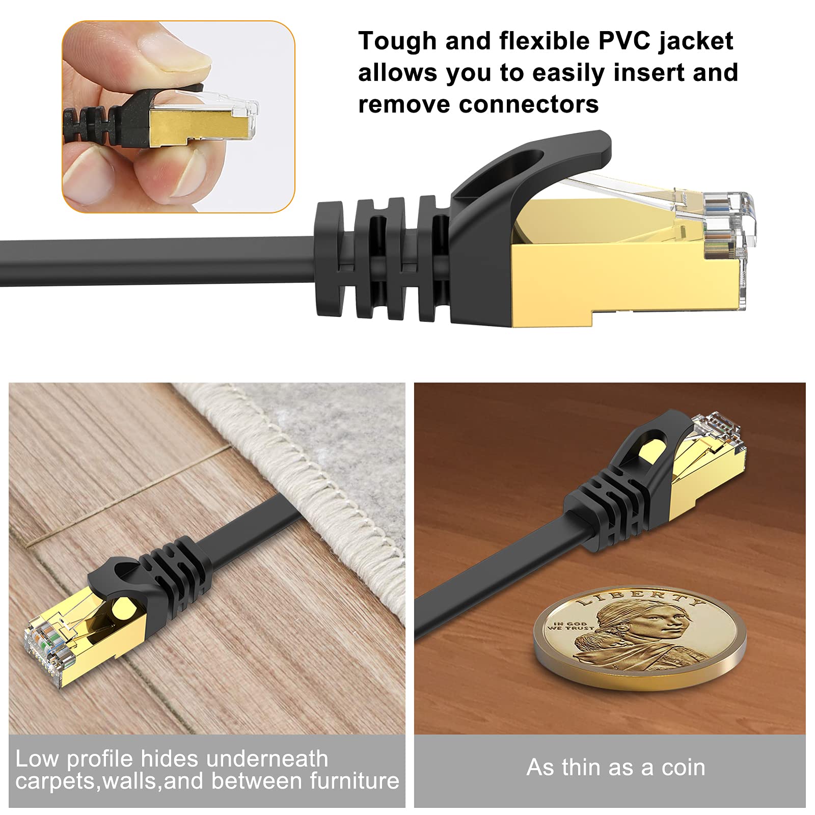 Ercielook CAT8 Ethernet Cable 100 ft High Speed, Shielded Flat Internet Cable with Clips, Weatherproof S/FTP UV Resistant for Router/Gaming/Modem - Black 30 M