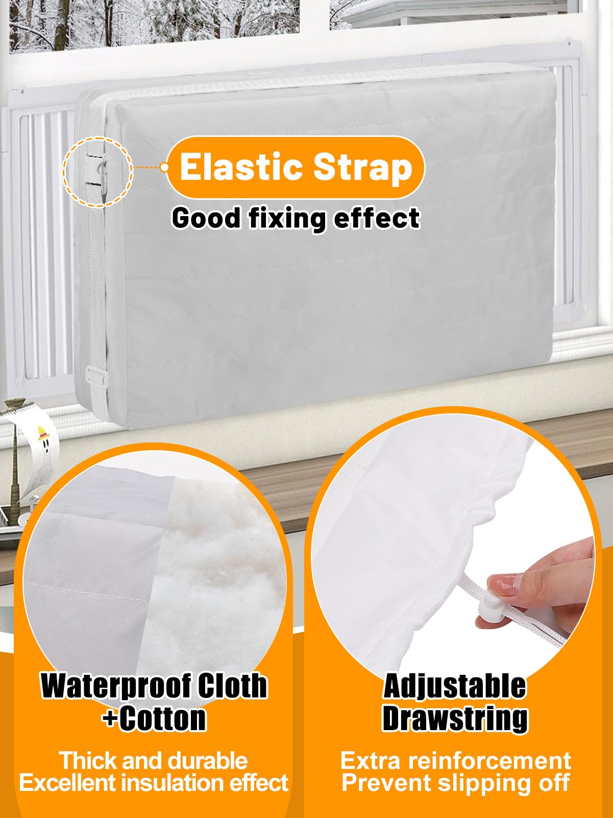 2 Pack Windproof Window AC Cover for Indoor Outdoor - Insulation Air Conditioner Unit Covers with Drawstring for Winter Inside 25''W × 17''H × 3.5''D and Outside 25.5''W × 18''H × 20.5''D
