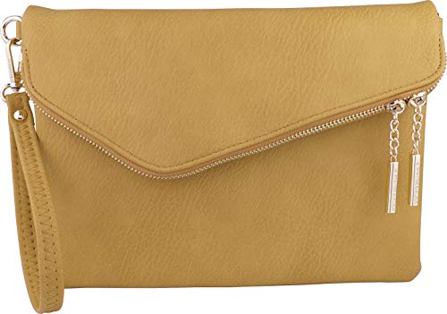 B BRENTANO Fold-Over Envelope Wristlet Clutch Crossbody Bag (Mustard Yellow)
