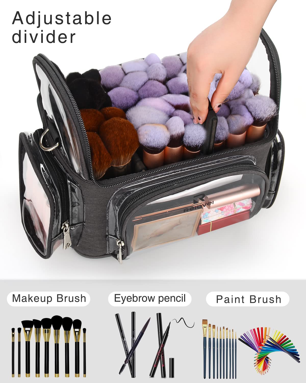 NAONAYA Makeup Brush Case, Large Makeup Brush Holder Professional Makeup Artist Travel Case Clear Waterproof Cosmetic Organizer Bag, Full Open Easy to Access, with Adjustable Strap and Dividers