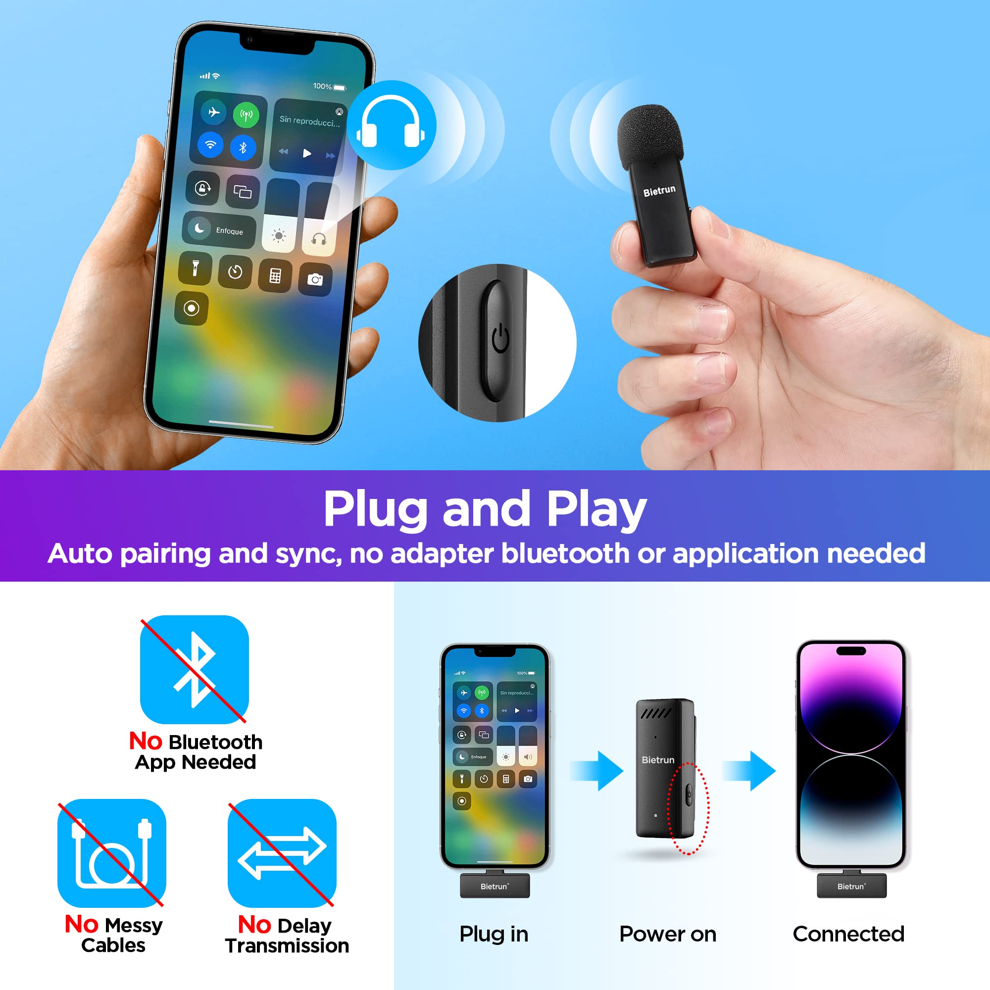 2 Pack Wireless Lavalier Microphone for iPhone iPad Only, 24H Working, Bluetooth Microphone for iPhone with Charging Case, Plug-Play, 65 FT Wireless Lapel Microphone for Video Recording,YouTube,Tiktok