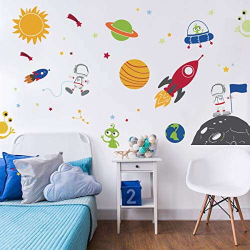 decalmile Planets Space Wall Stickers Rockets Stars Children Wall Decoration Sticker for Children's Bedroom Baby Living Room