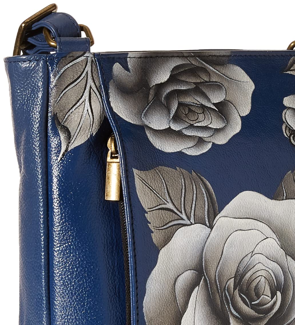 Anna by Anuschka Women's Anuschka Women s Genuine Leather Medium Crossbody Handbag Hand Painted Exterior Romantic Rose Bl, Romantic Rose Blue, One Size US