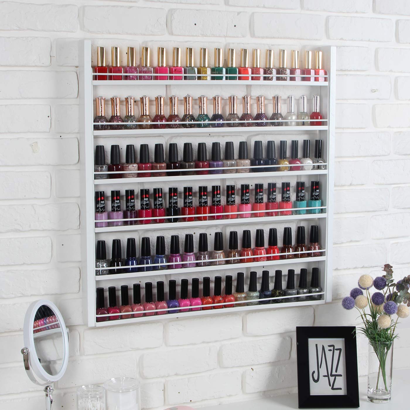 J JACKCUBE DESIGN White Wood Nail Polish Organizer with 6 Tier Shelves 100 Bottles Wall Mount Display Rack Makeup Essential Oil Bottles Holder Storage for Nail Salon Bedroom Dress Room - MK528C