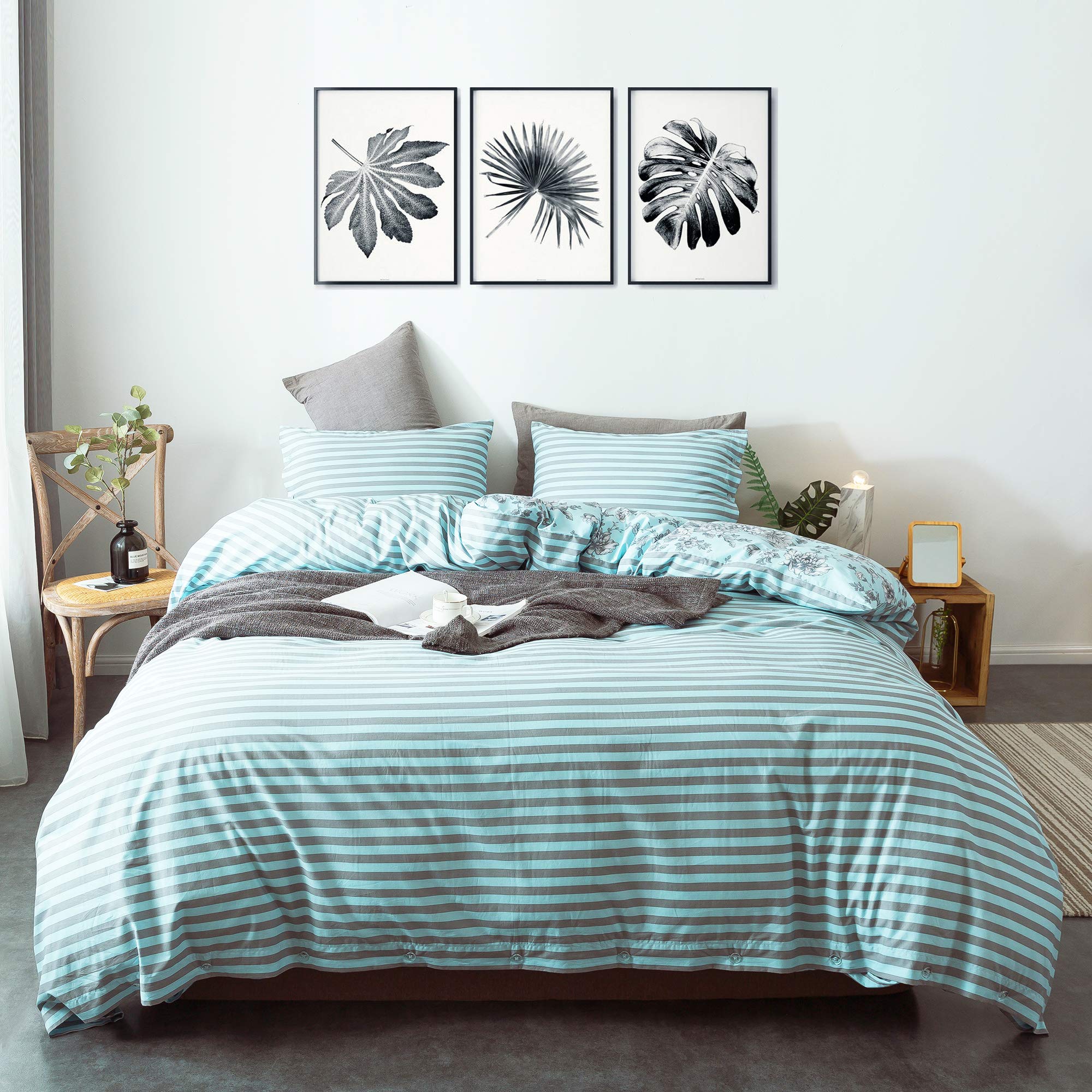 ANNA.Z HOME 3-Piece Cotton Duvet Cover Set. 100% Cotton Percale Fabric. Real Reversible Design. Pre-Washed Printed Fabrics. Soft and Easy Care. Modern Farmhouse Style. (Green, King Set)