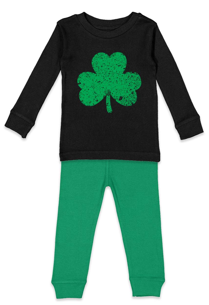 Tcombo Distressed Green Shamrock - St. Patrick's Day Infant/Toddler Shirt & Pants Set (Black Top/Kelly Bottoms, 3T)