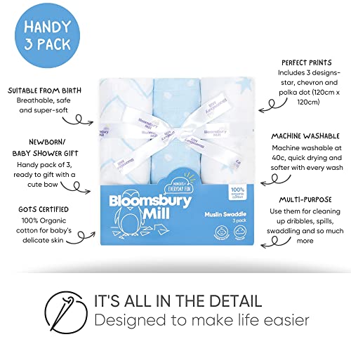 Bloomsbury Mill - Pack of 3 Super Soft Muslin Swaddle Blankets - 100% Certified Organic Cotton Muslin Swaddles - Blue & White - 47" x 47"