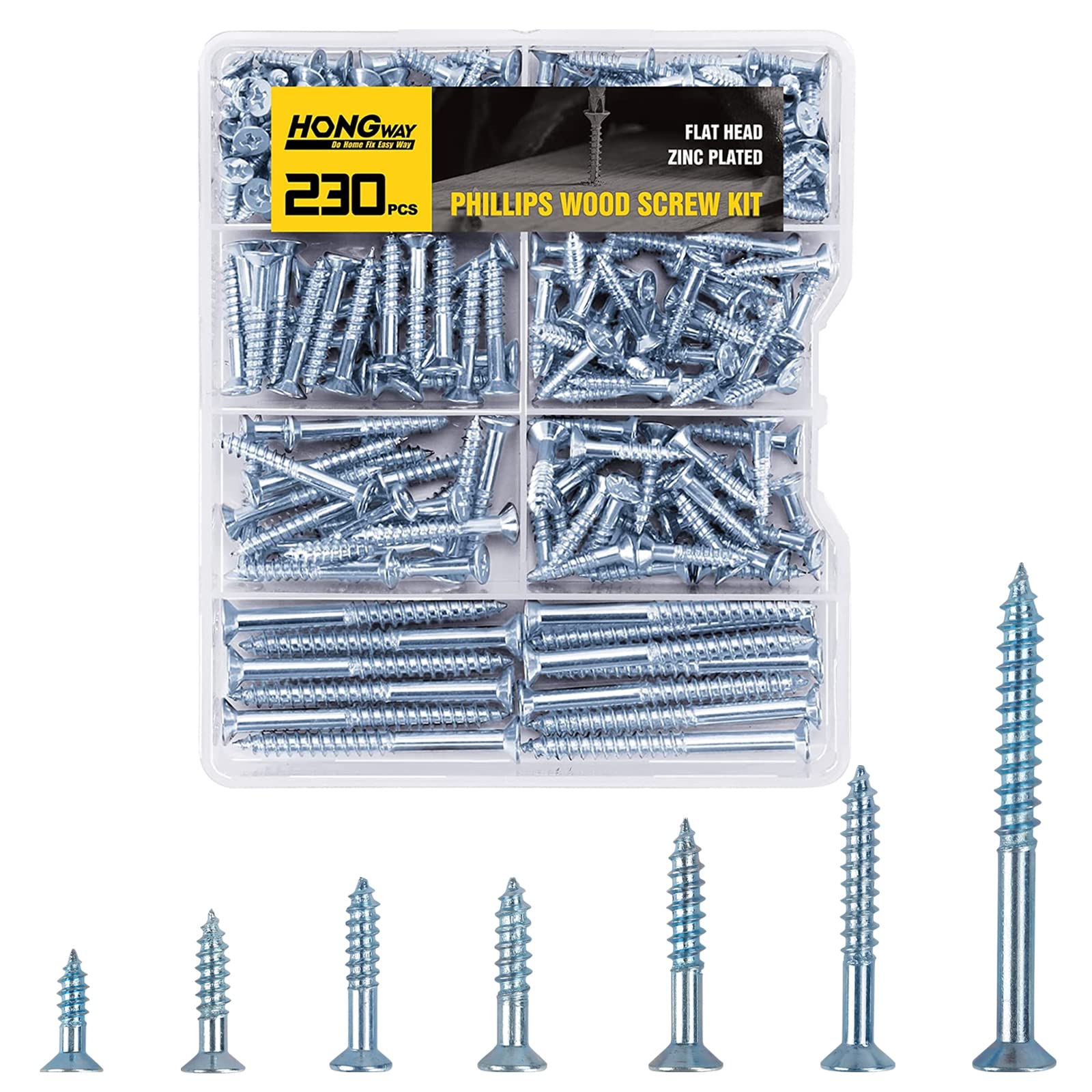 Hongway 230pcs Wood Screws Assortment Kit, Flat Head Wood Screws Set, Zinc Plated Steel, Self Tapping Screws, Drywall Screws Assortment, Assorted Wood Screws, Assorted Screws(7 Sizes)