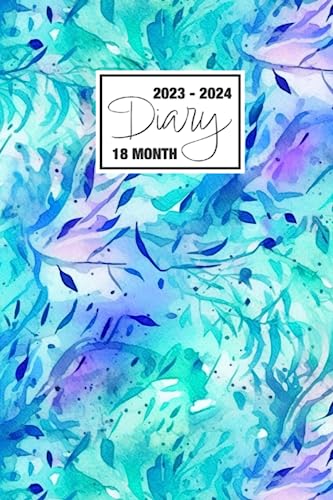 2023 - 2024: 18 Month Diary A5 Week to View on 2 Pages Weekly Journal Agenda WO2P Planner Jul 23 to Dec 24 Horizontal With Moon Phases, UK & US ... Aqua Blue Purple Abstract Watercolor Pattern